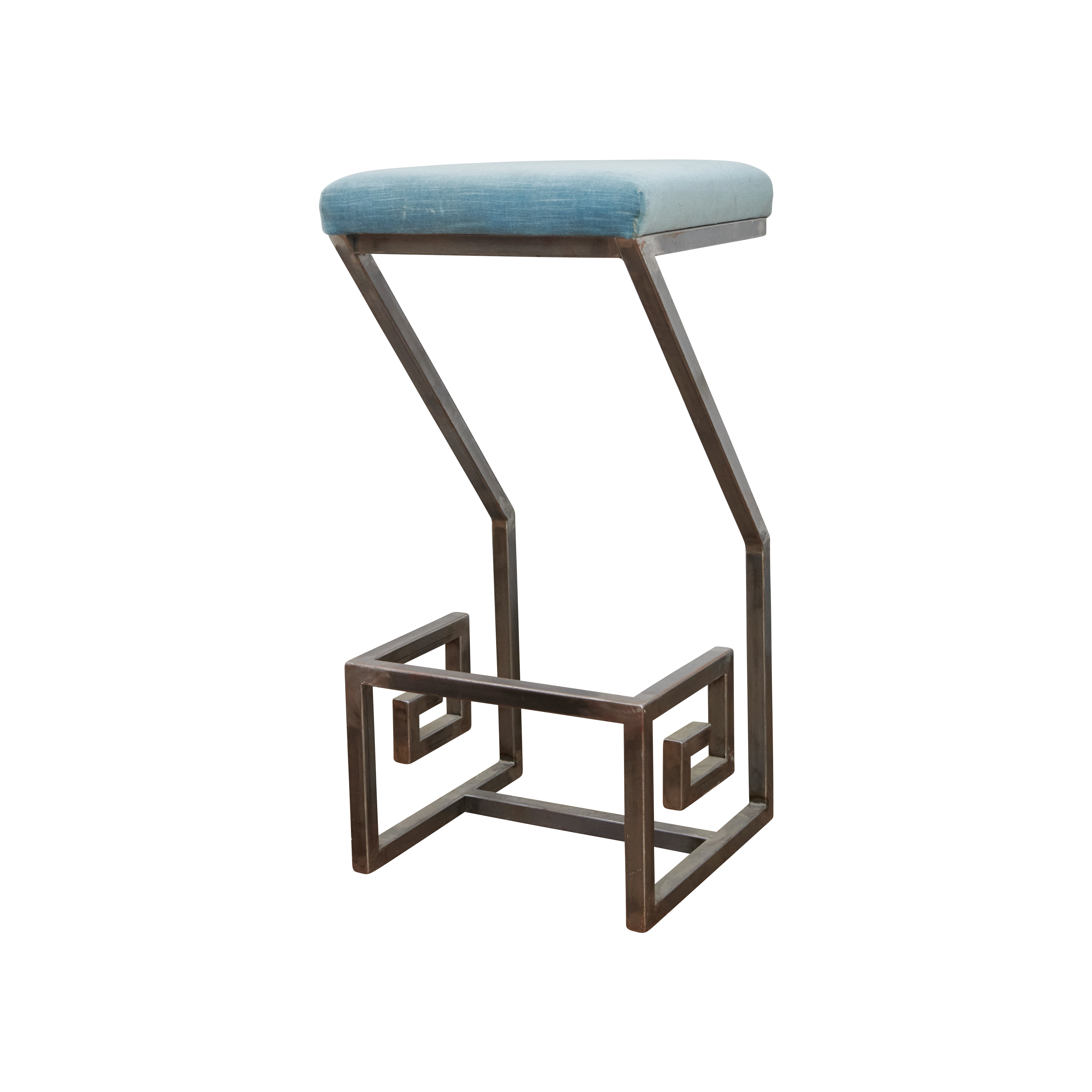 GREEK KEY BAR STOOLS w. BLUE VELVET – Tamsin Johnson